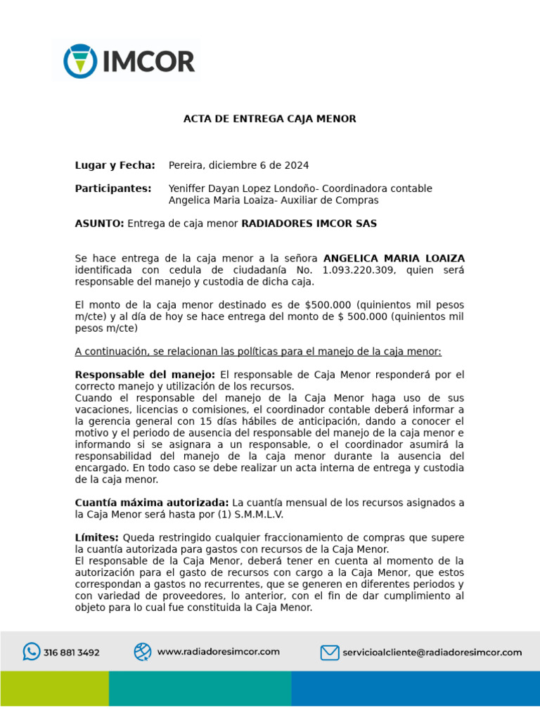 Entrega y Manejo de Caja Menor RADIADORES IMCOR | PDF | Factura ...