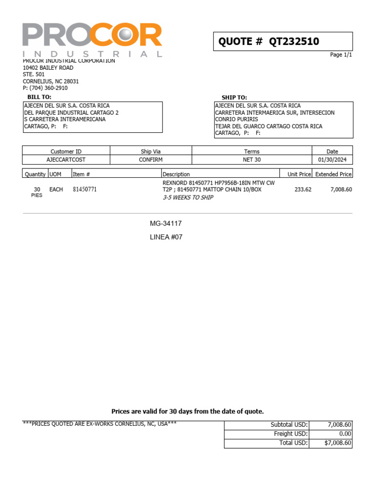 PROCOR Industrial Quote QT232510 | PDF