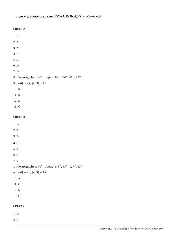 Figury Geometryczne CZWOROKĄTY Odpowiedzi | PDF