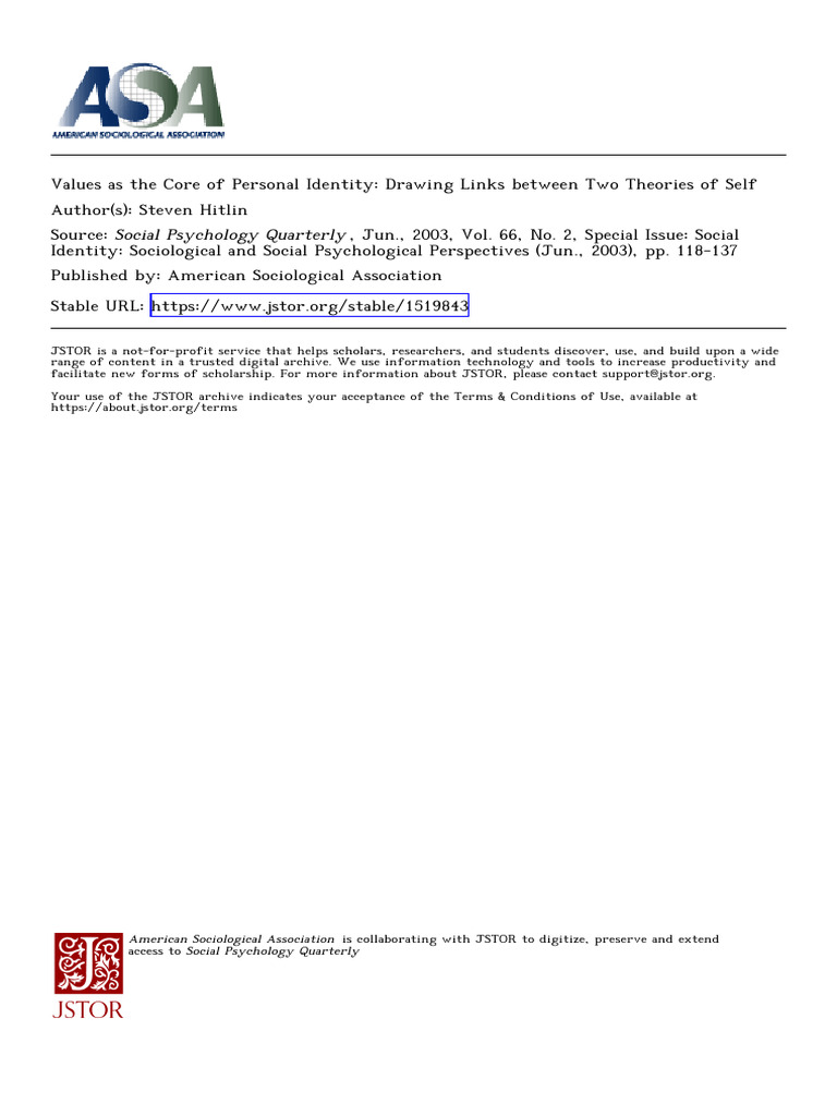 Hitlin ValuesCorePersonal 2003 | PDF | Identity (Social Science) | Self