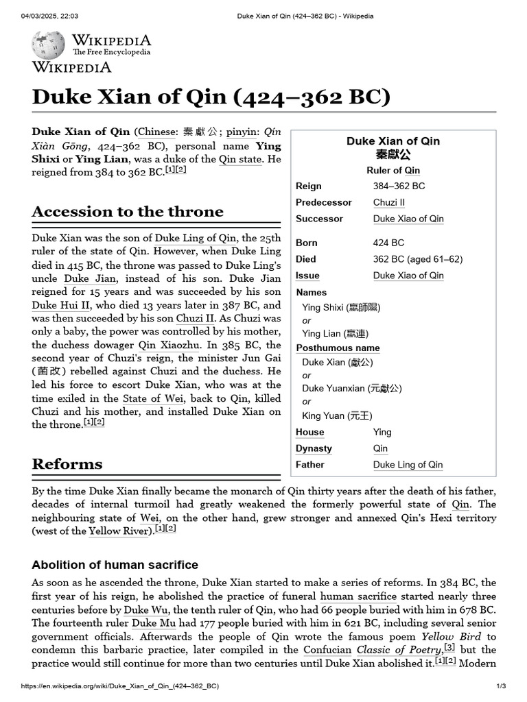 Duke Xian of Qin (424-362 BC) - Wikipedia | PDF | China | World Politics