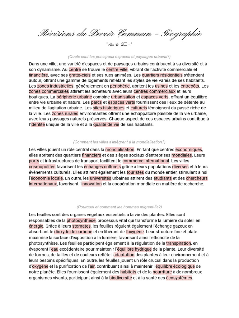 Révisions du Devoir Commun - Géographie 2 | PDF | Feuille | Photosynthèse