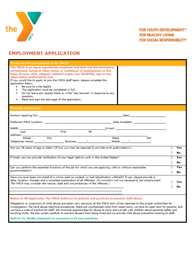 YMCA Employment Application Form | PDF | Employment | Background Check