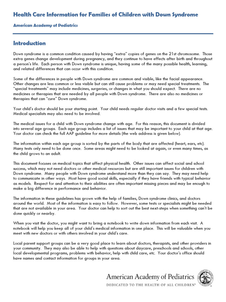 AAP Health Care Information for Families of Children with Down Syndrome ...