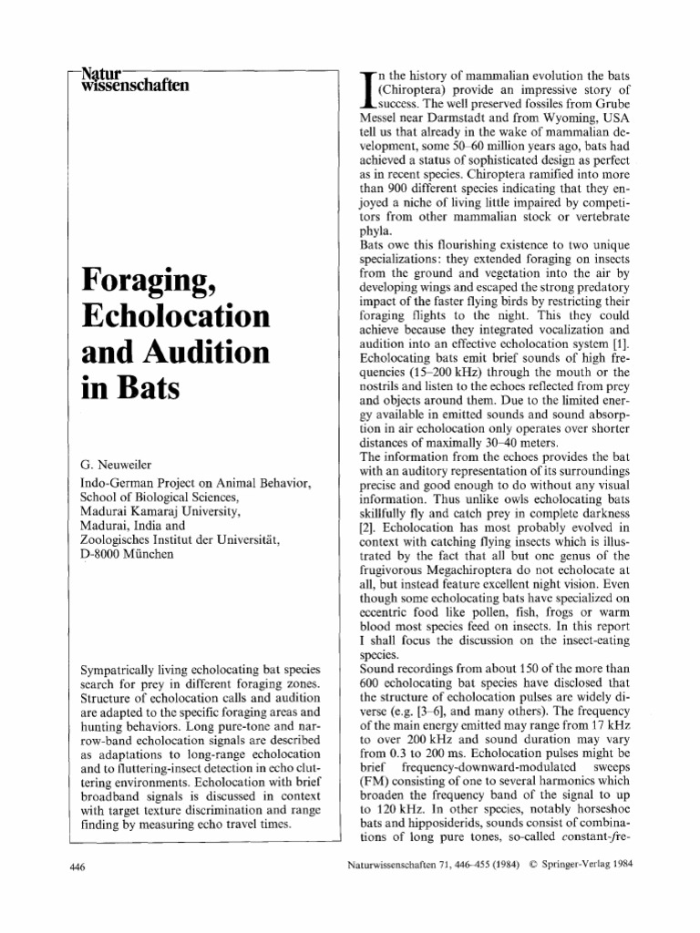 Neuweiler (1984) Foraging, Echolocation and Audition in Bats | PDF ...
