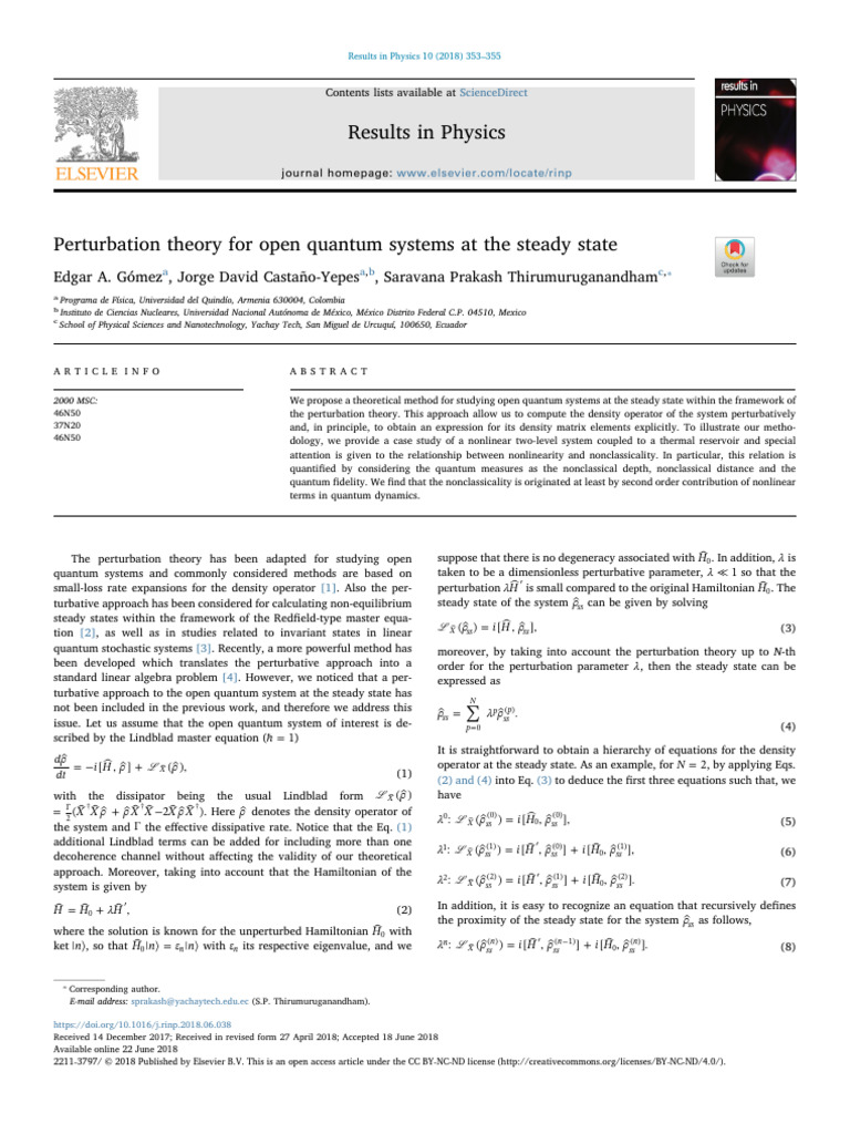 Perturbation Theory For Open Quantum Systems at The Steady State | PDF | Perturbation Theory ...