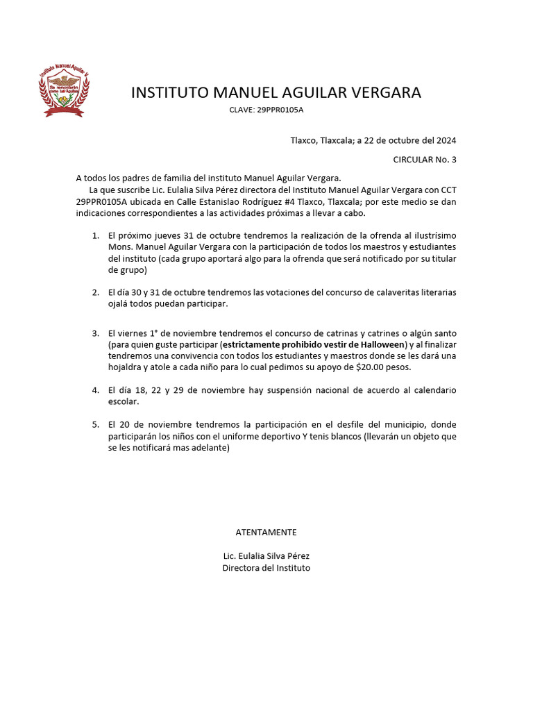 INSTITUTO MANUEL AGUILAR VERGAR Circular 3 | PDF