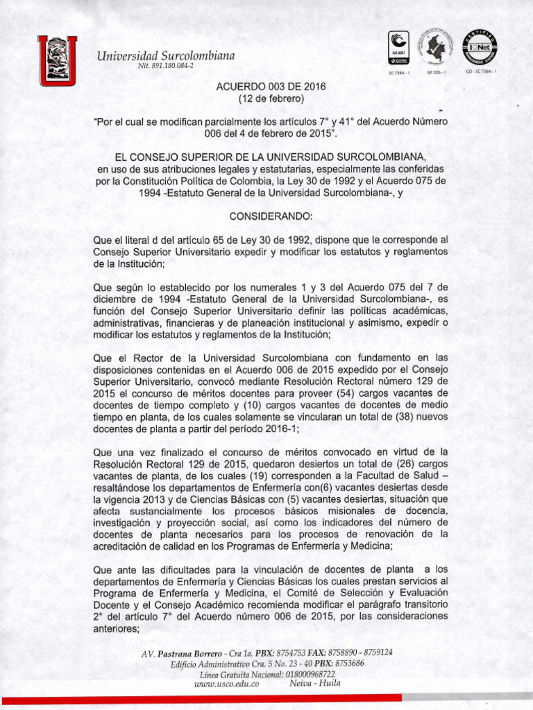 Acuerdo 003 de 2016 | PDF