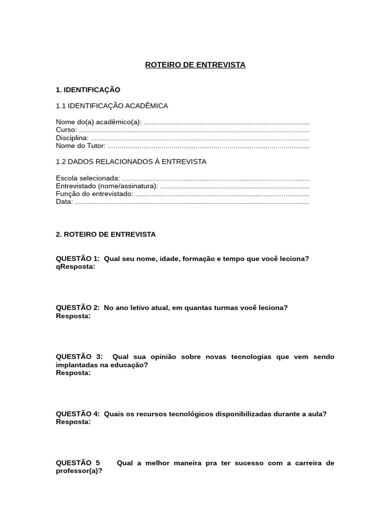 MODELO DE ROTEIRO DE ENTREVISTA | PDF
