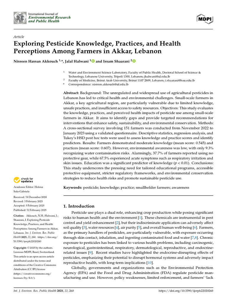 Exploring Pesticide Knowledge, Practices and Health Percep-Tions in Akkar, Lebanon: A Critical ...