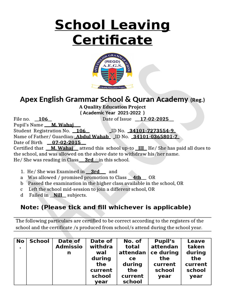 School Leaving Certificate | PDF