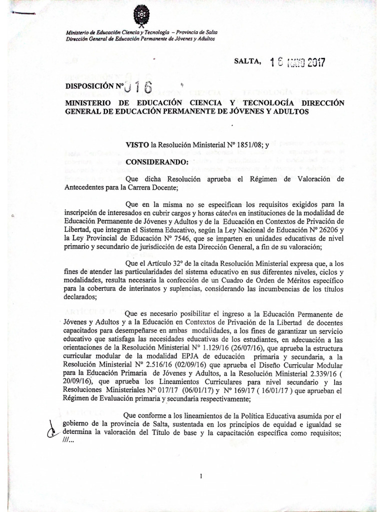 Disposición 016 de EPJA | PDF