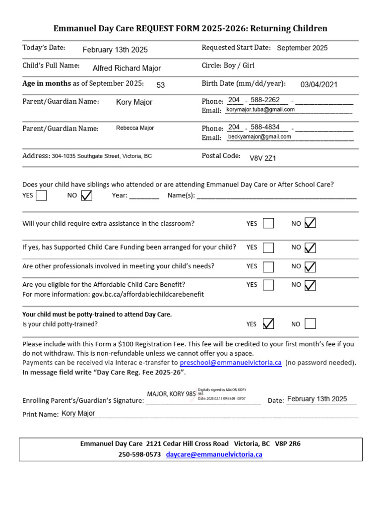 Emmanuel Day Care 2025-2026 Request Form | PDF | Child Care | Human ...