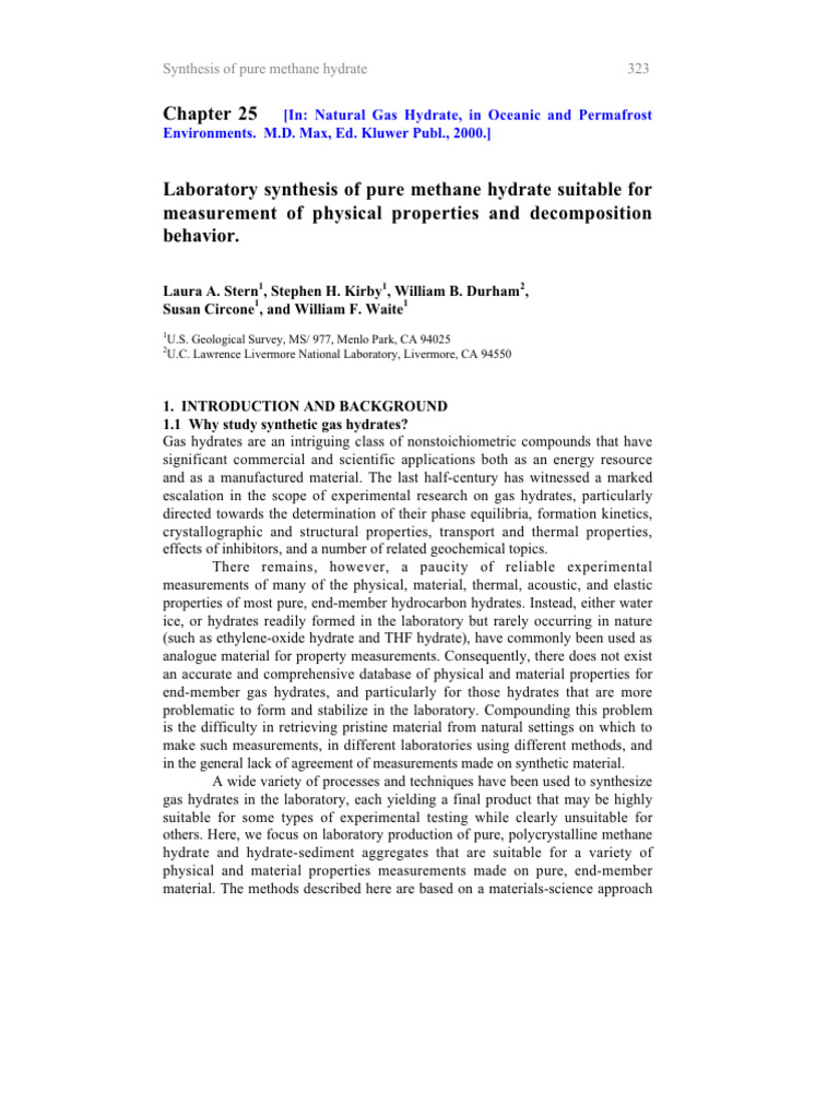 Laboratory Synthesis of Pure Methane Hydrate Suitable For Measurement ...