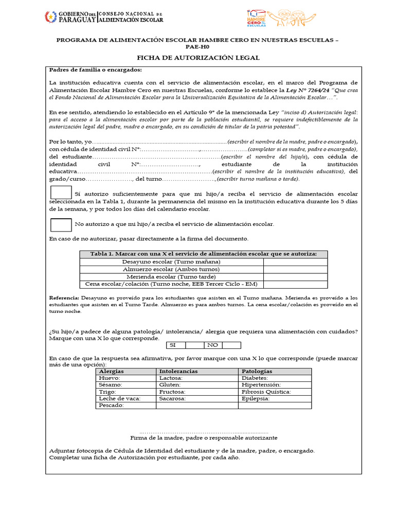 Formato Ficha de Autorización Padres PAE H0.25.11.2024 | PDF