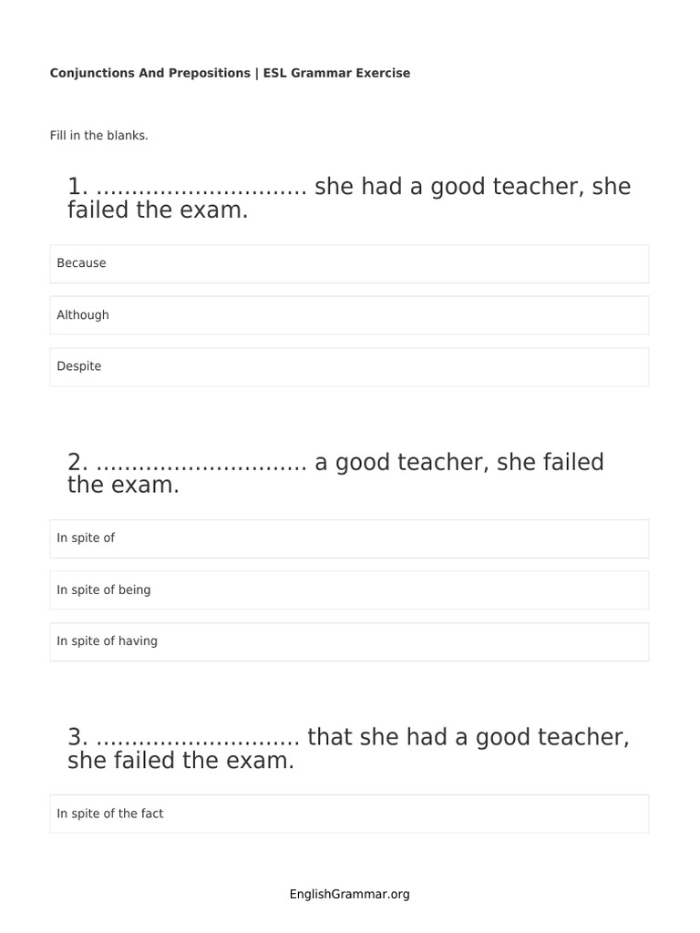 Conjunctions and Prepositions - ESL Grammar Exercise | PDF | Language ...