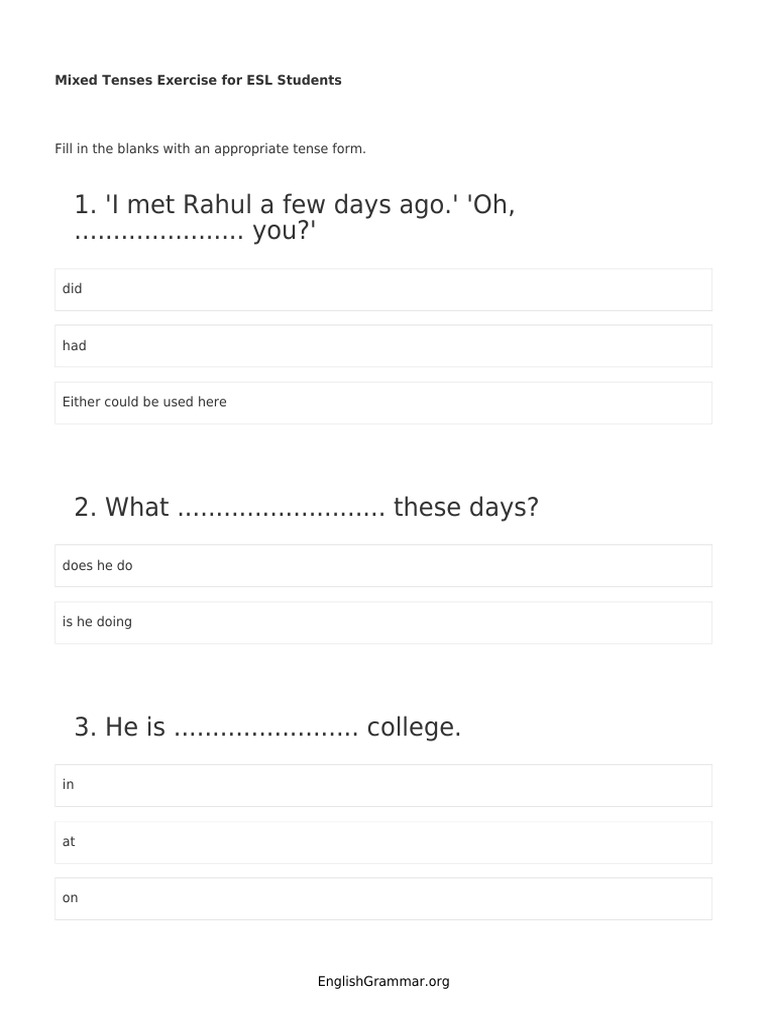 Mixed Tenses Exercise For ESL Students | PDF