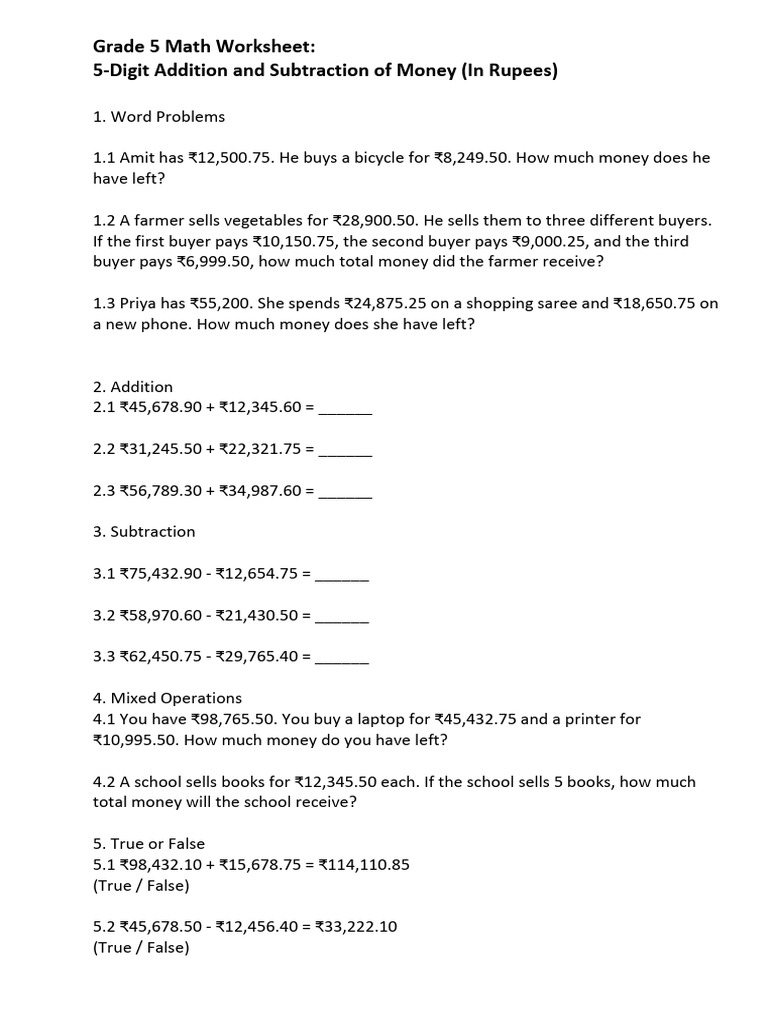 Grade 5 Money Math Worksheet | PDF