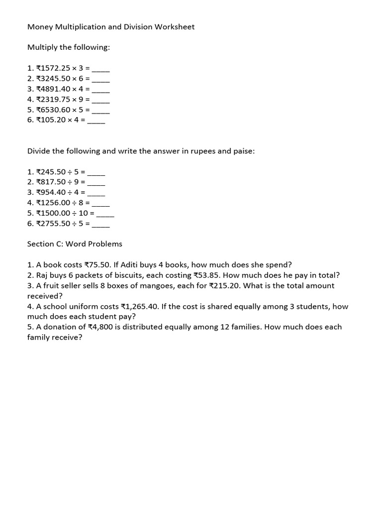 Grade 5 Money Multiplication and Division Worksheet | PDF