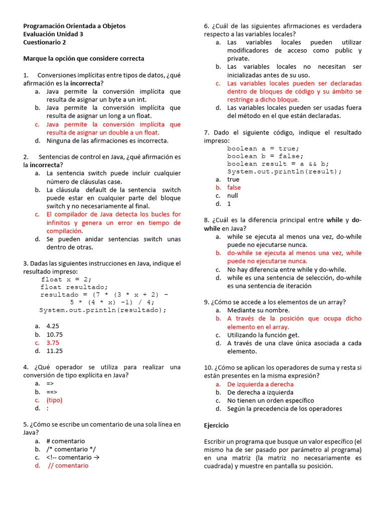 Cuestionario 2 | PDF | Java (lenguaje de programación) | Variable (informática)