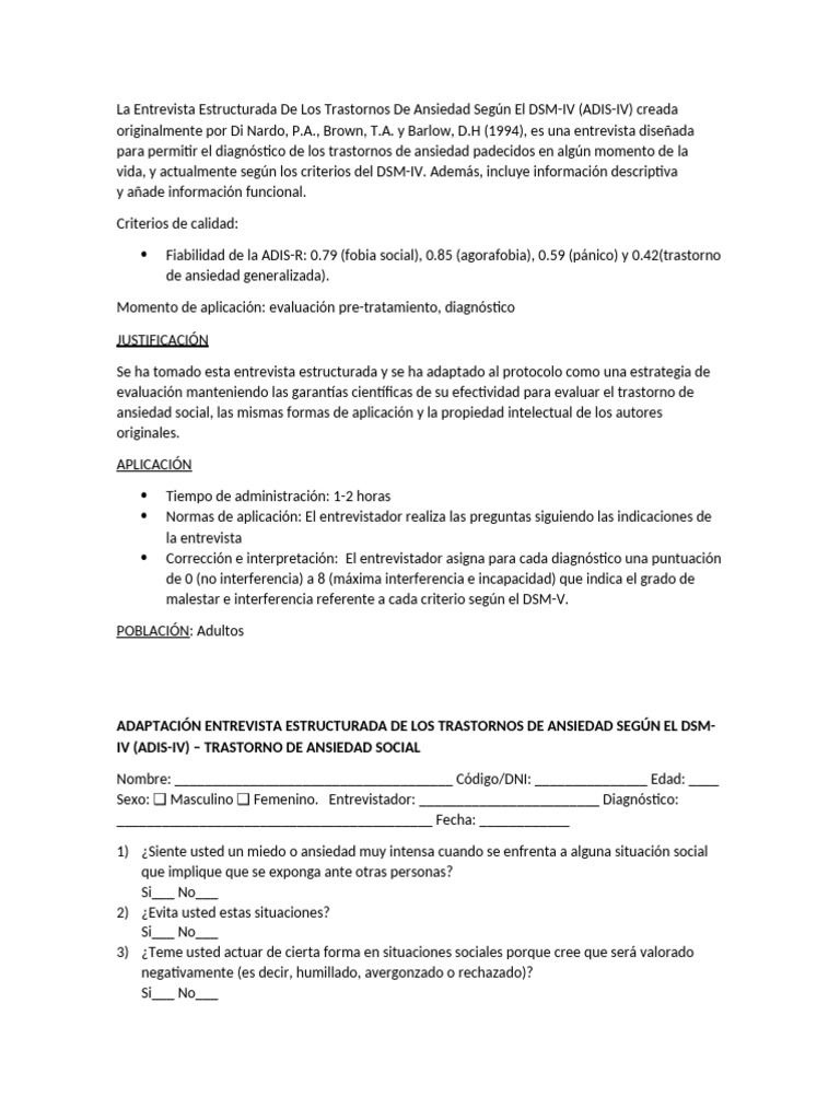 Adaptación Final Entrevista Estructurada de Los Trastornos de Ansiedad Según El DSM | PDF ...