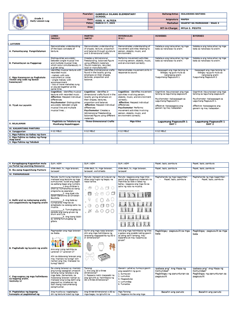 DLL Mapeh 2 Q4 Week4 | PDF