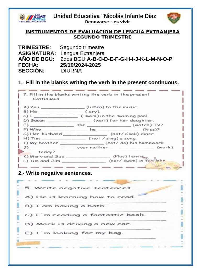 Instrumento de Evaluacion English 2dos Bgu BT 2do Trmestre 2024 Gio | PDF