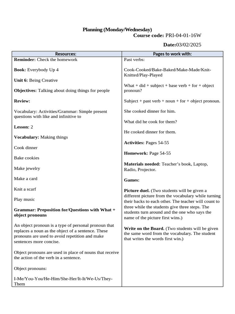 Everybody Up 4 Unit 6 Lesson Plan | PDF | Object (Grammar) | Pronoun
