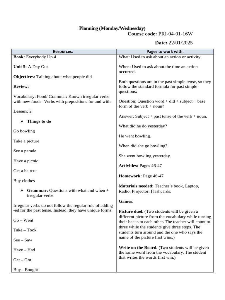 Everybody Up 4 Unit 5 Lesson Plan | PDF | Verb | Grammatical Tense