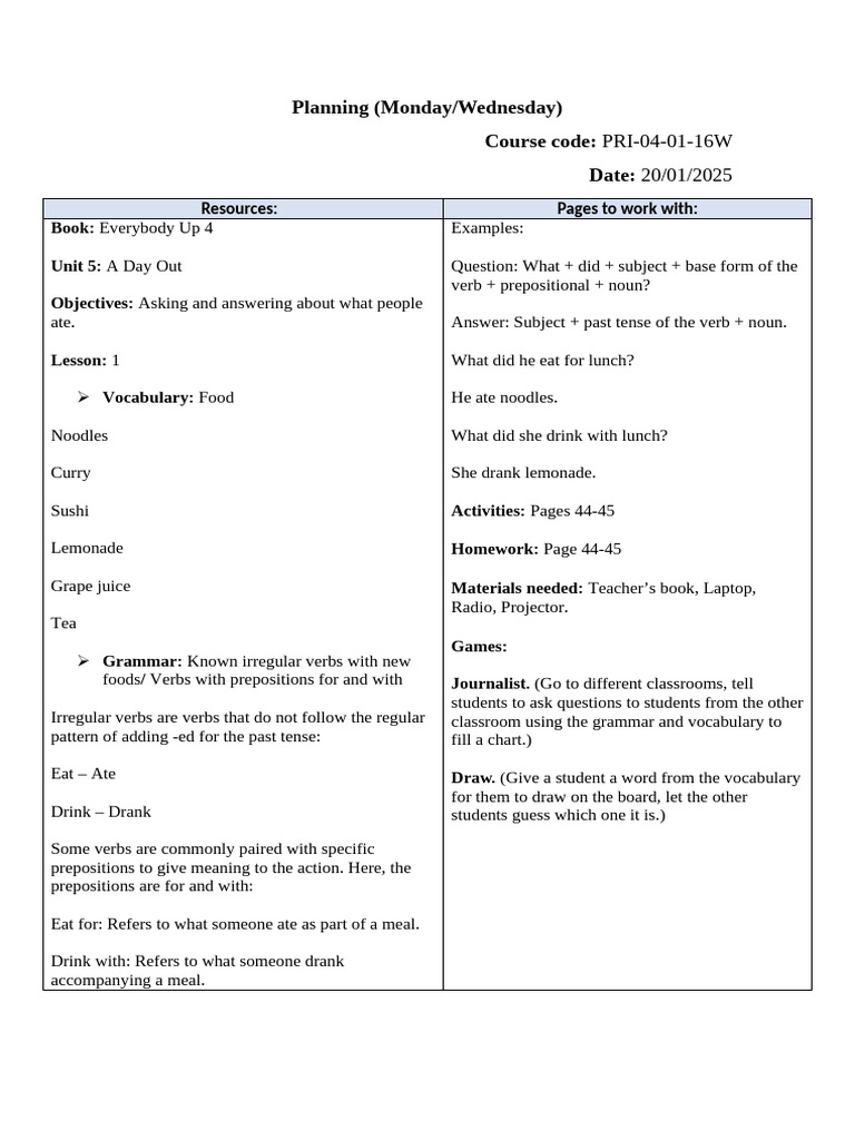 Everybody Up 4, Unit 5, Lesson 1. | PDF | Verb | Lunch