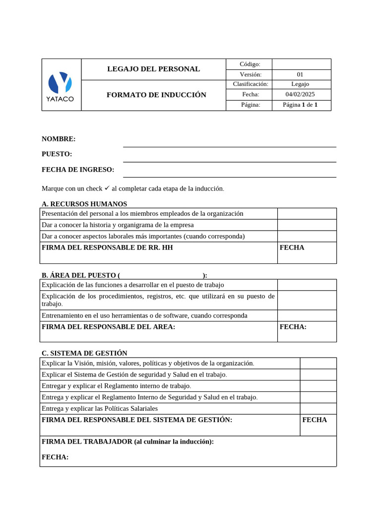 Induciion Del Personal Yataco | PDF