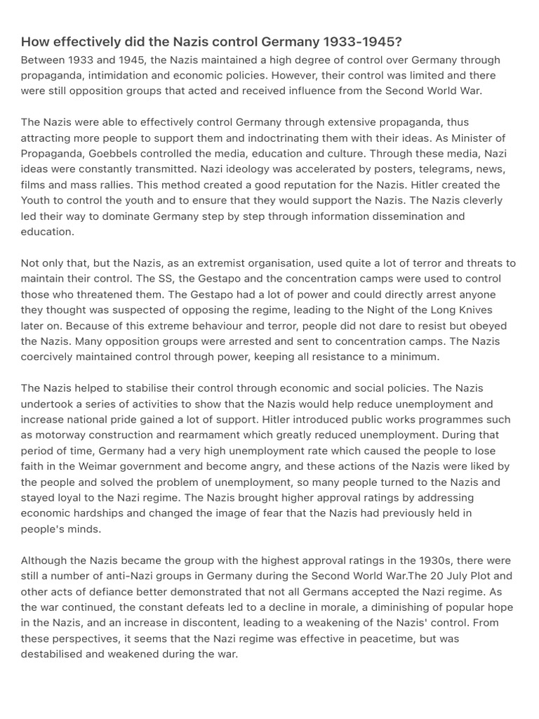 How Effectively Did The Nazis Control Germany 1933to1945 | PDF | Nazi ...