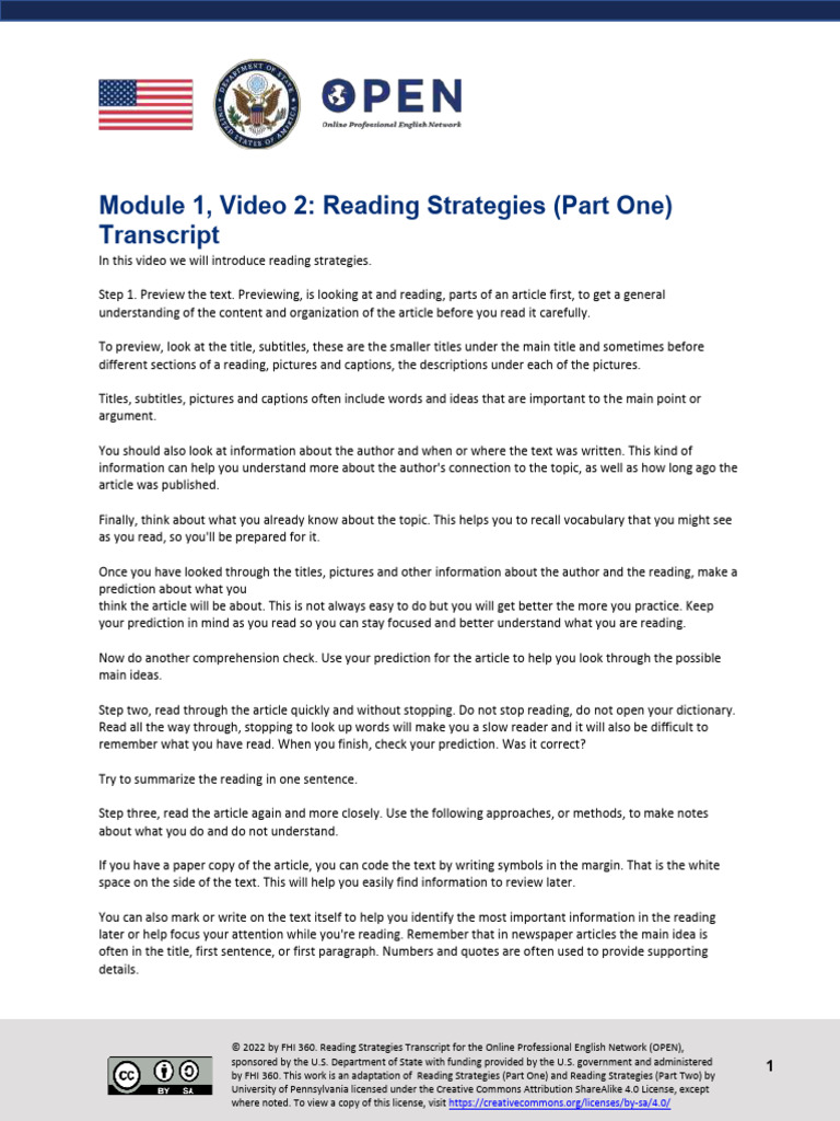 M1 T2 Reading Strategies Transcript | PDF | Reading Comprehension ...