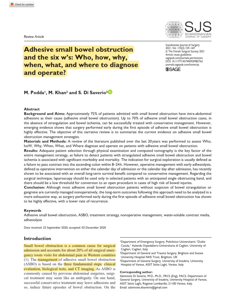 Podda Et Al 2021 Adhesive Small Bowel Obstruction and The Six W S Who ...