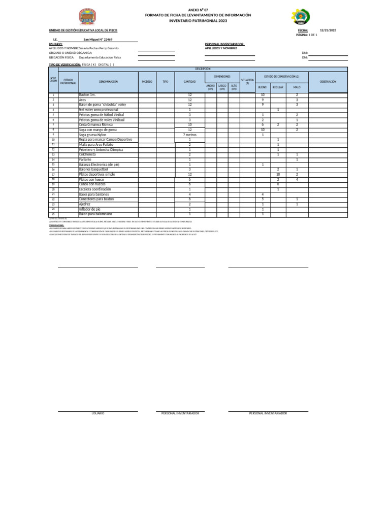 Anexo #07 - Formato de Levantamiento de Información - Bienes Muebles Ii - Ee. - 2023 | PDF ...