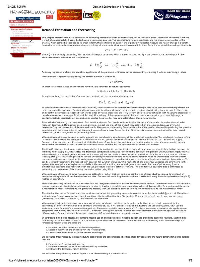 Demand Estimation and Forecasting - ch 7 | PDF | Linear Regression | Ordinary Least Squares