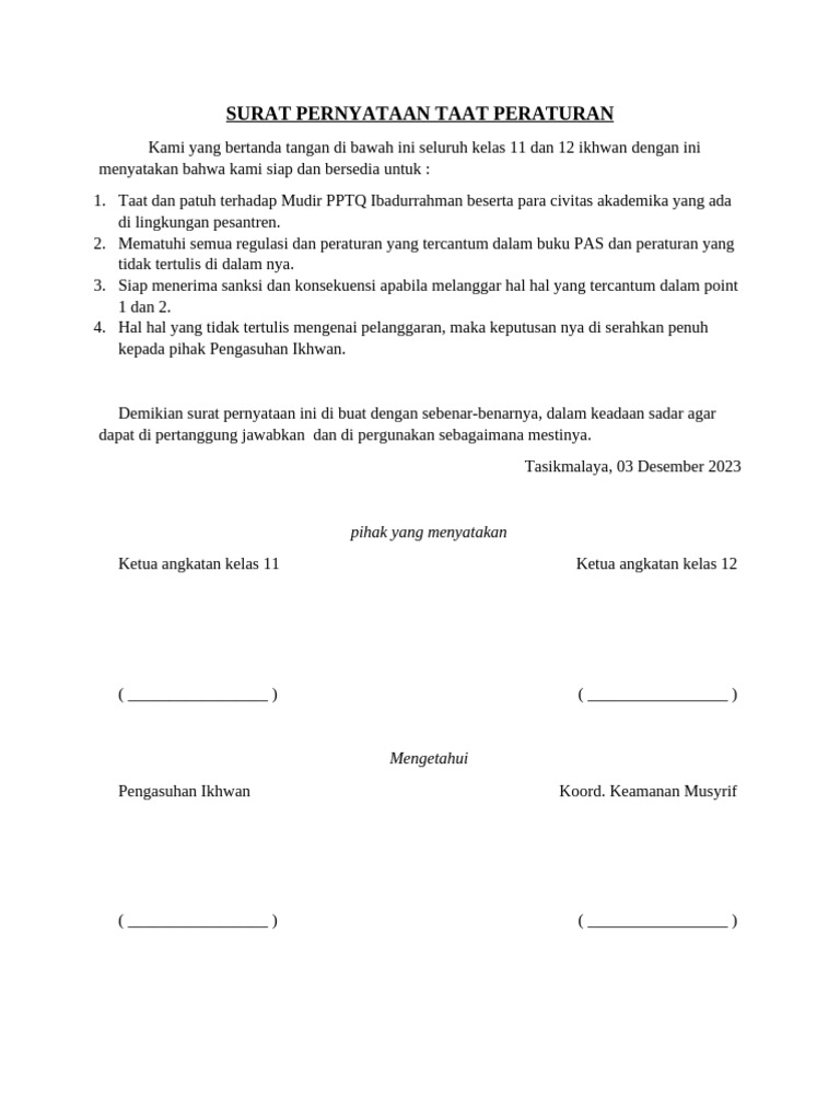 Surat Pernyataan Taat Peraturan | PDF