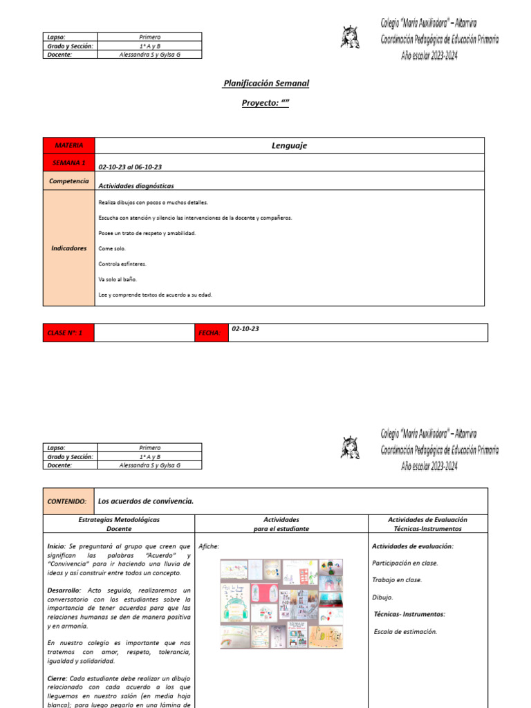 Planificación Semanal 1° Grado A y B | PDF | Dibujo | Maestros