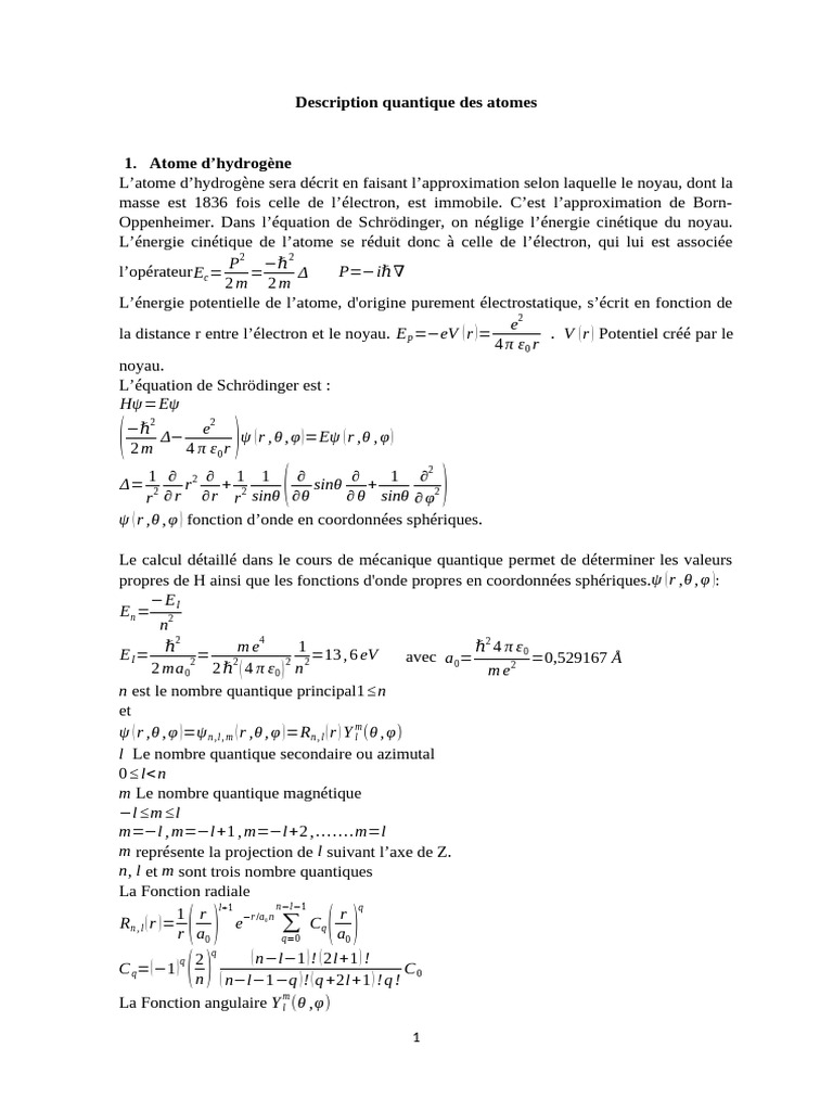 Description quantique des atomes et orbitales | PDF | Atomes | Grandeur ...
