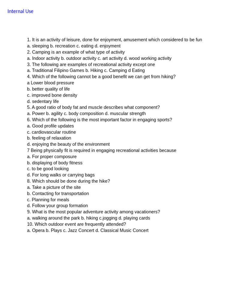 Grade 12 Final Exam on Recreation | PDF