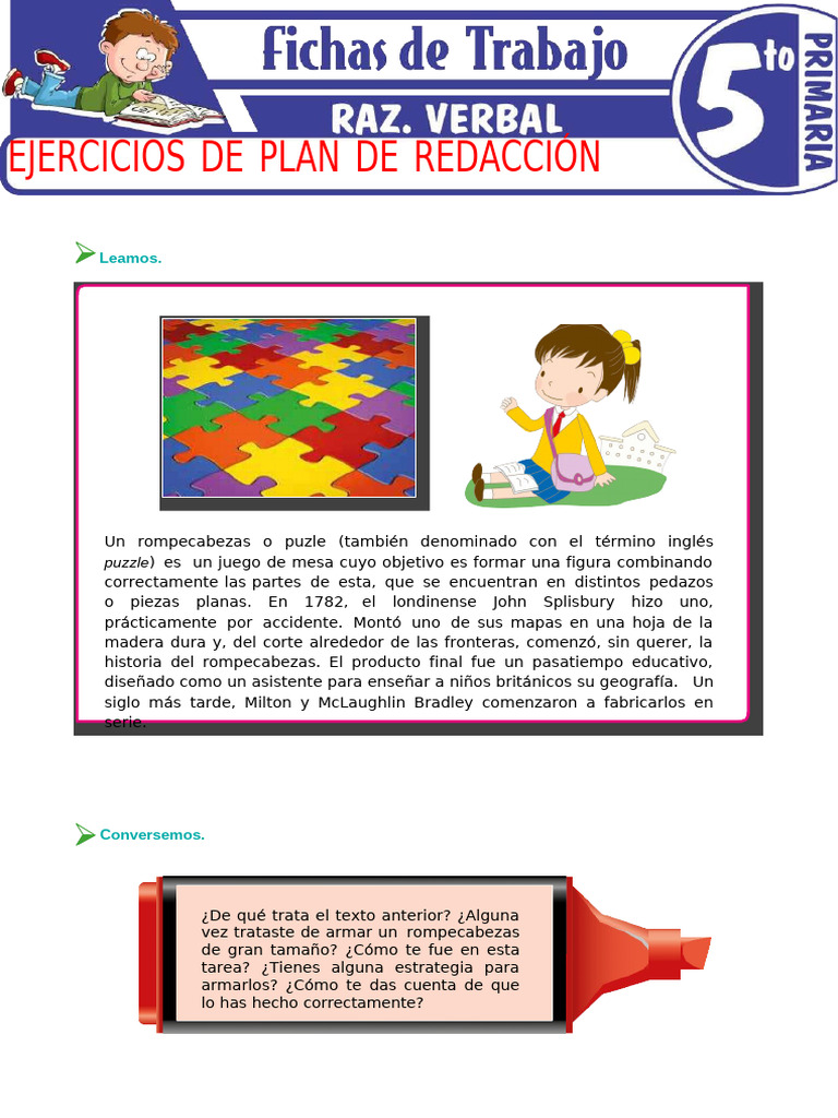 Ejercicios de Plan de Redacción para Quinto Grado de Primaria | PDF