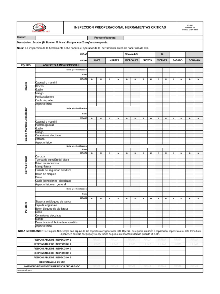 Preoperacional Herramientas Criticas | PDF | Perforar | Herramientas