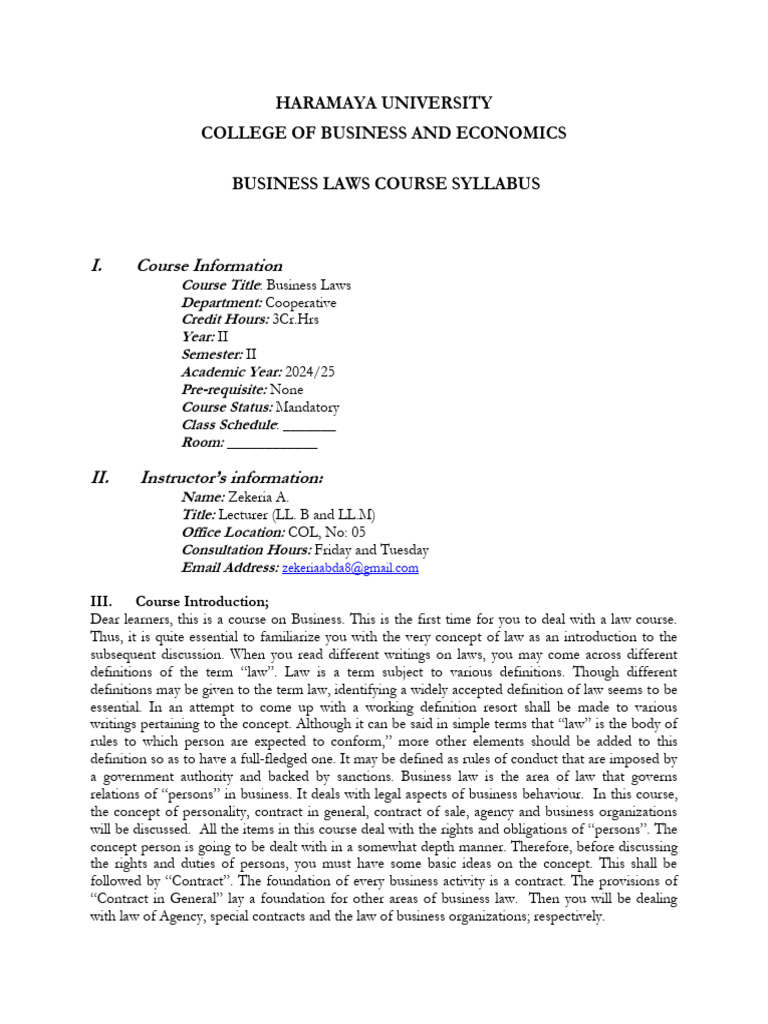 Business Law Course Syllabus (2024) | PDF | Employment | Insurance
