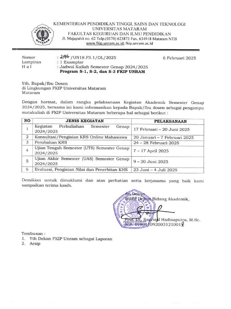 Jadwal Perkuliahan SMT Genap 2024-2025 Pend Biologi | PDF