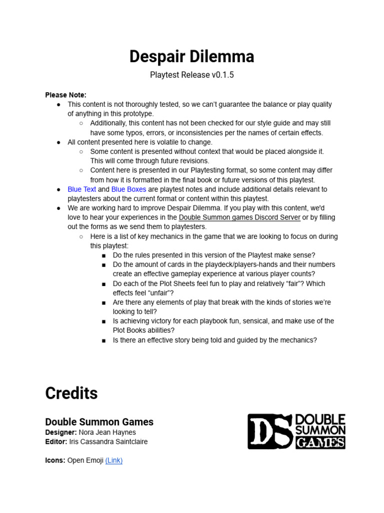 Despair Dilemma TTRPG - Playtest v0.1.5 | PDF | Tabletop Role Playing ...