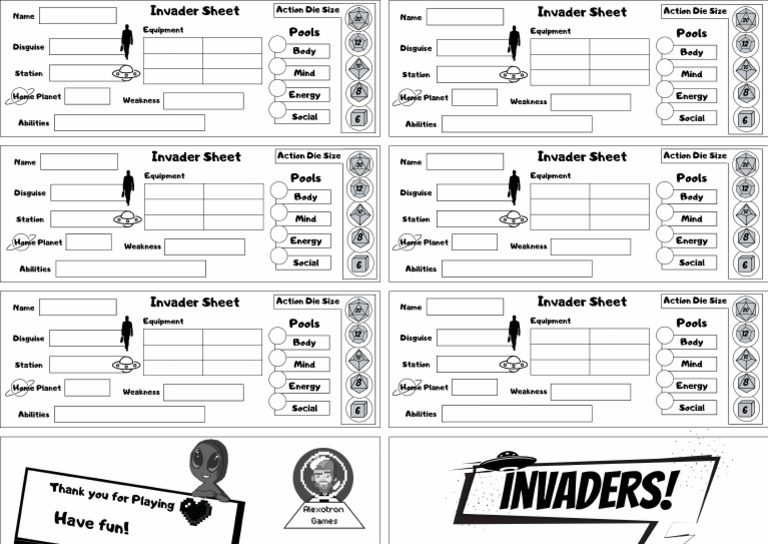 Invaders! Character Sheets | PDF