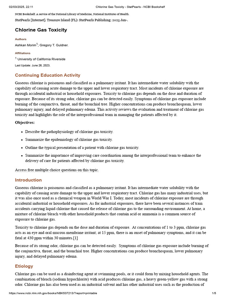 Chlorine Gas Toxicity and Risks | PDF | Chlorine | Bleach