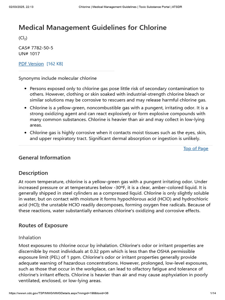 Chlorine - Medical Management Guidelines - Toxic Substance Portal ...