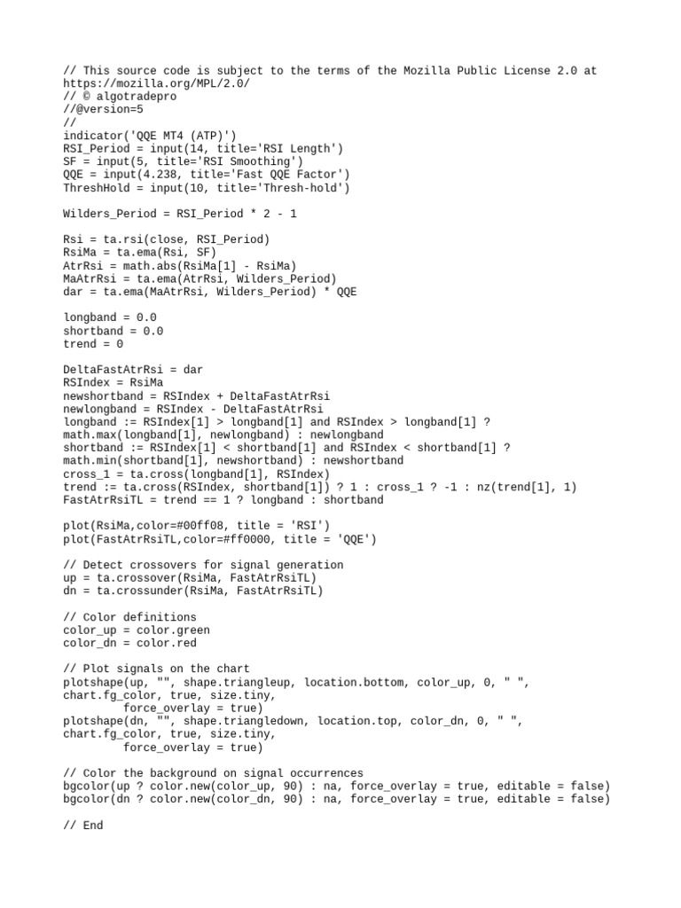QQE MT4 With Chart's Signals (ATP) - PineScript Code Version 5 | PDF