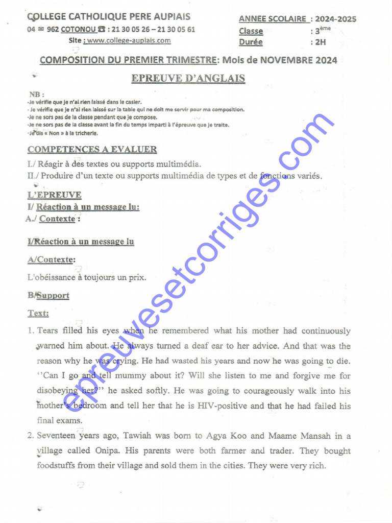 Composition Du 1er Trimestre Anglais Classe de 3eme Novembre 2024 ...